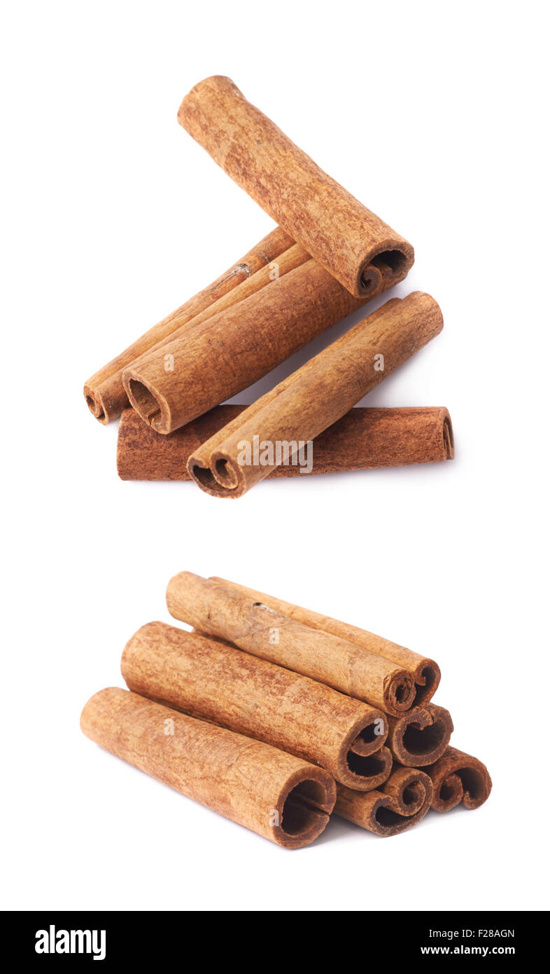 Pile of cinnamon sticks isolated over the white background, set of two ...
