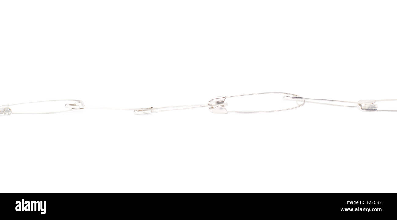 Line border made of multiple safety pins isolated on white background ...