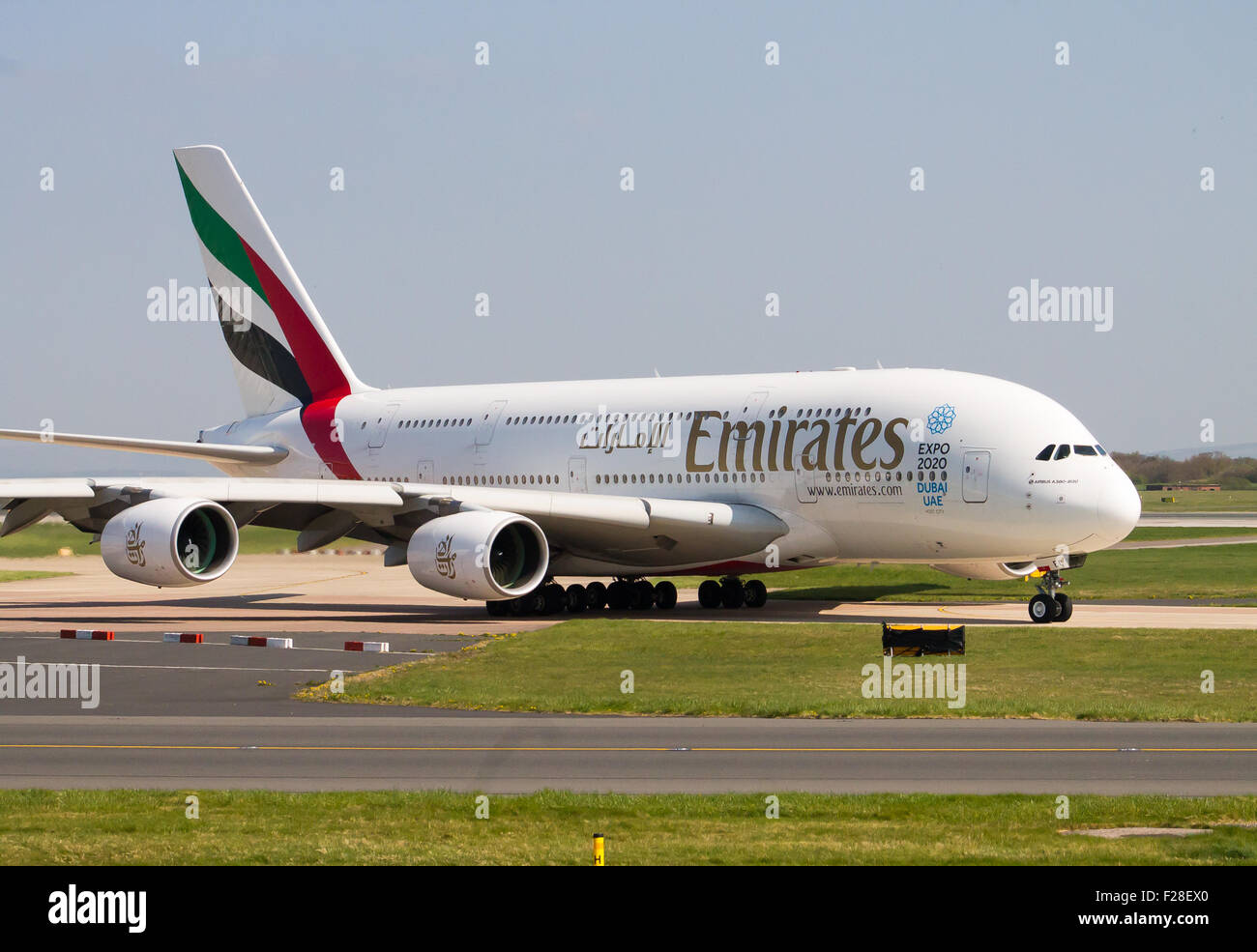 Emirates Airbus A380 double-decker passenger plane taxiing on ...