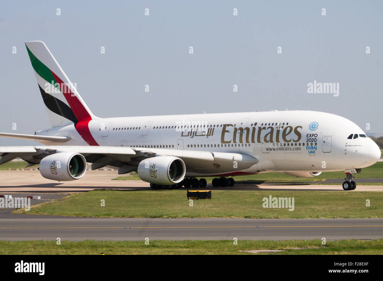 Emirates Airbus A380 double-decker passenger plane taxiing on ...