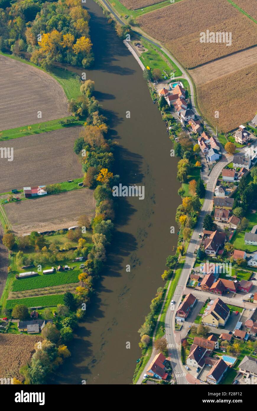 France, Bas Rhin (67), village of La Wantzenau, Ill river (aerial view ...