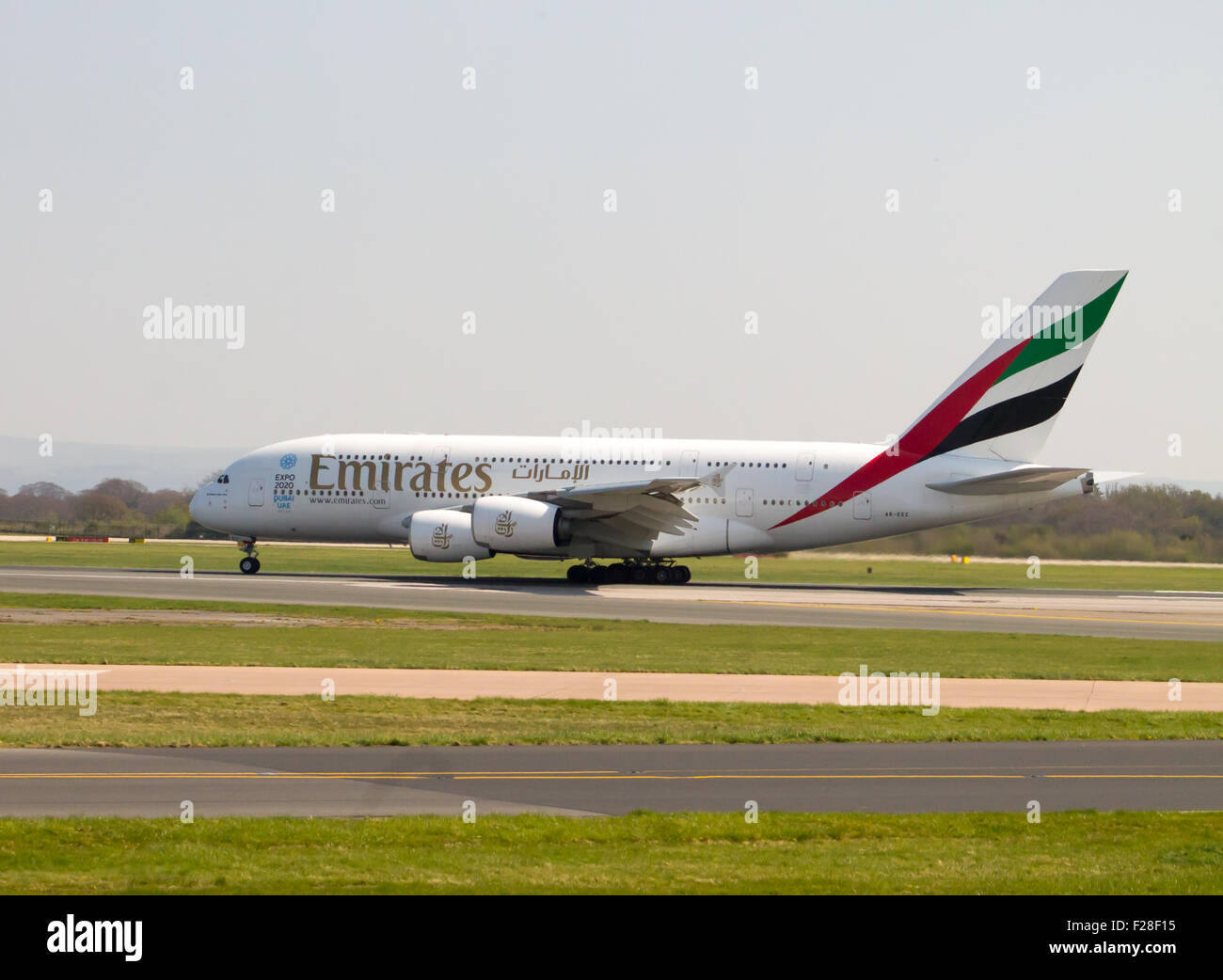 Emirates Airbus A380 double-decker passenger plane taking off from ...