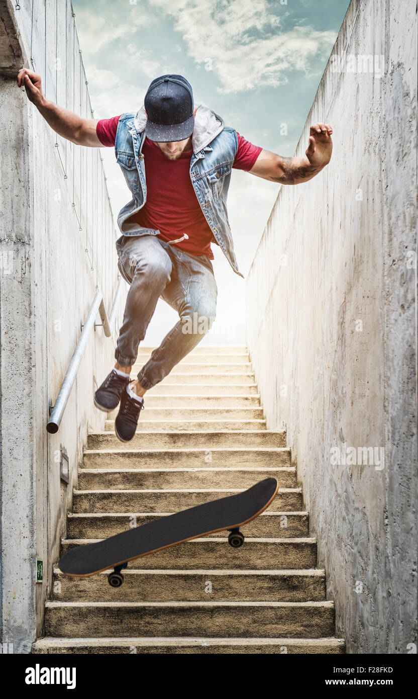 Professional skateboarder boy jumps off the stairs Stock Photo - Alamy