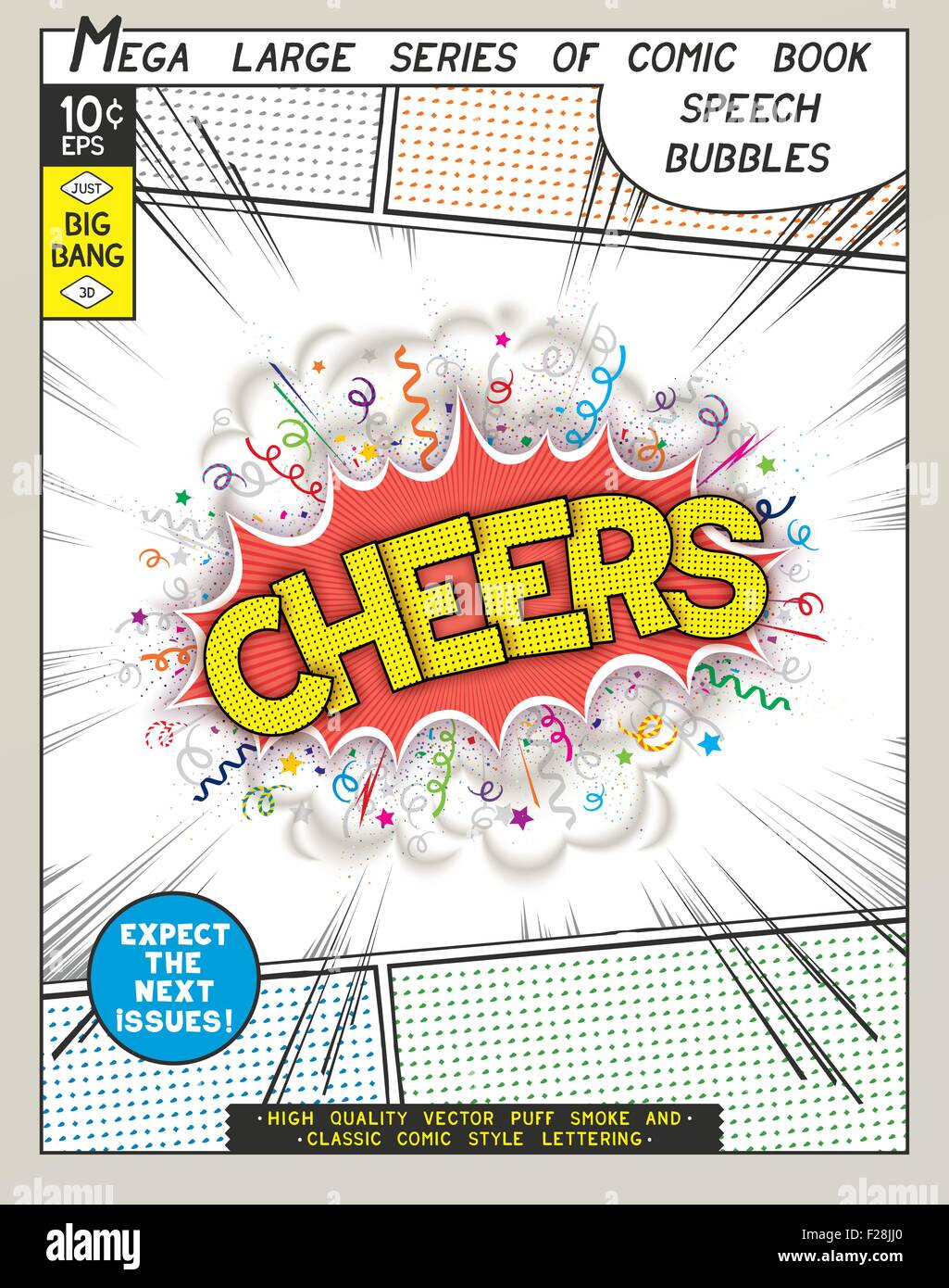 Cheers. Explosion in comic style with lettering and realistic puffs ...