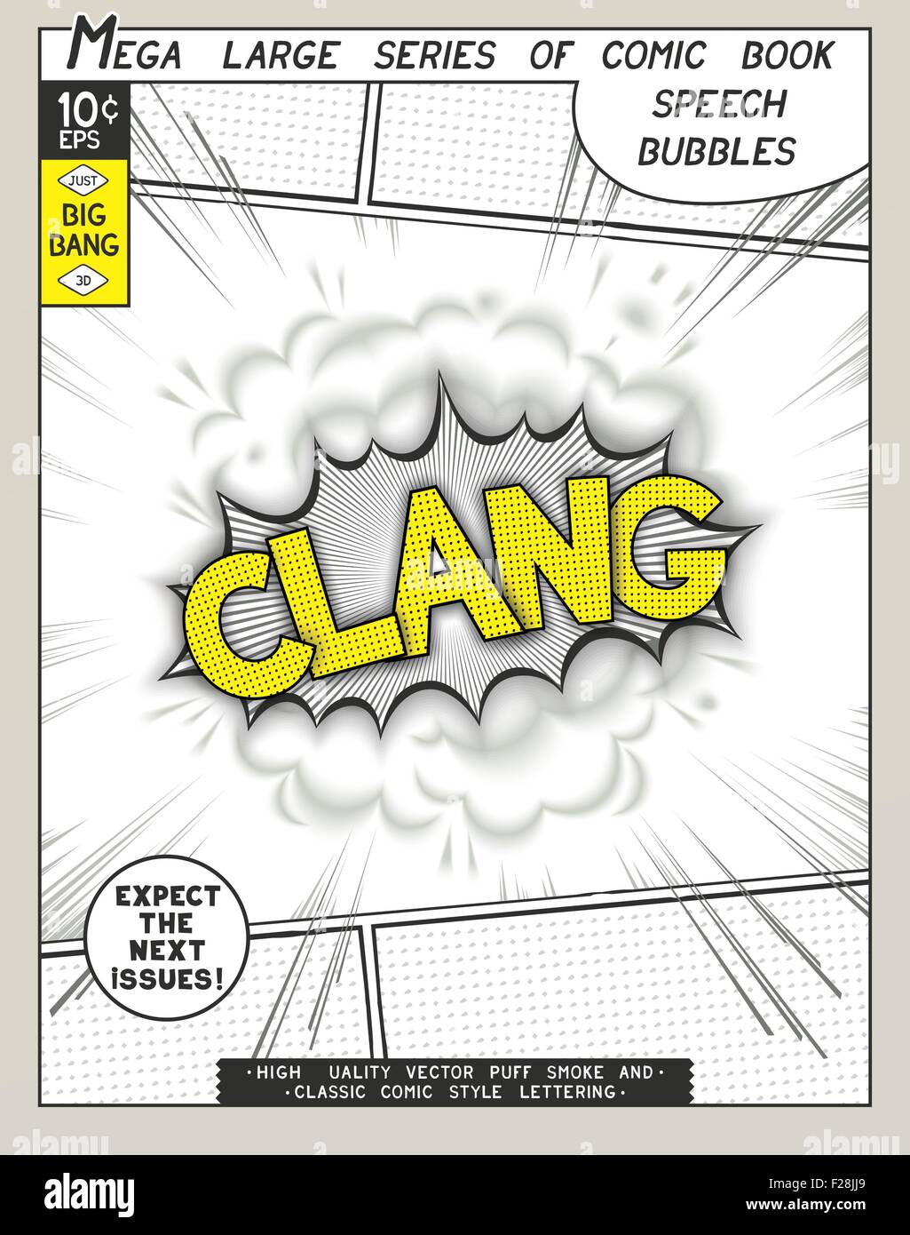Clang. Explosion in comic style with lettering and realistic puffs ...