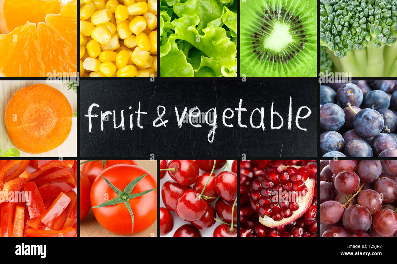 Fresh color fruits and vegetables concept. Food background Stock Photo ...