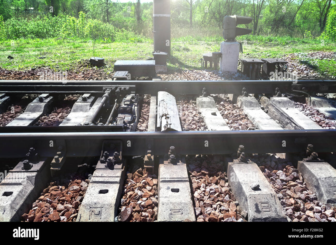 Detail railway junction on the background of trees Stock Photo - Alamy
