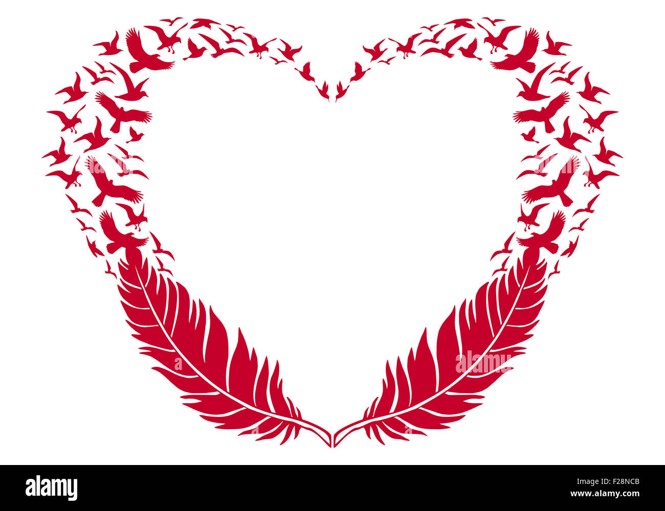 red heart with feathers and flying birds, vector illustration for ...