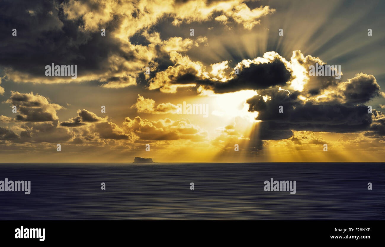 Artistic mysterious photo of Filfla island in Malta in old vintage ...