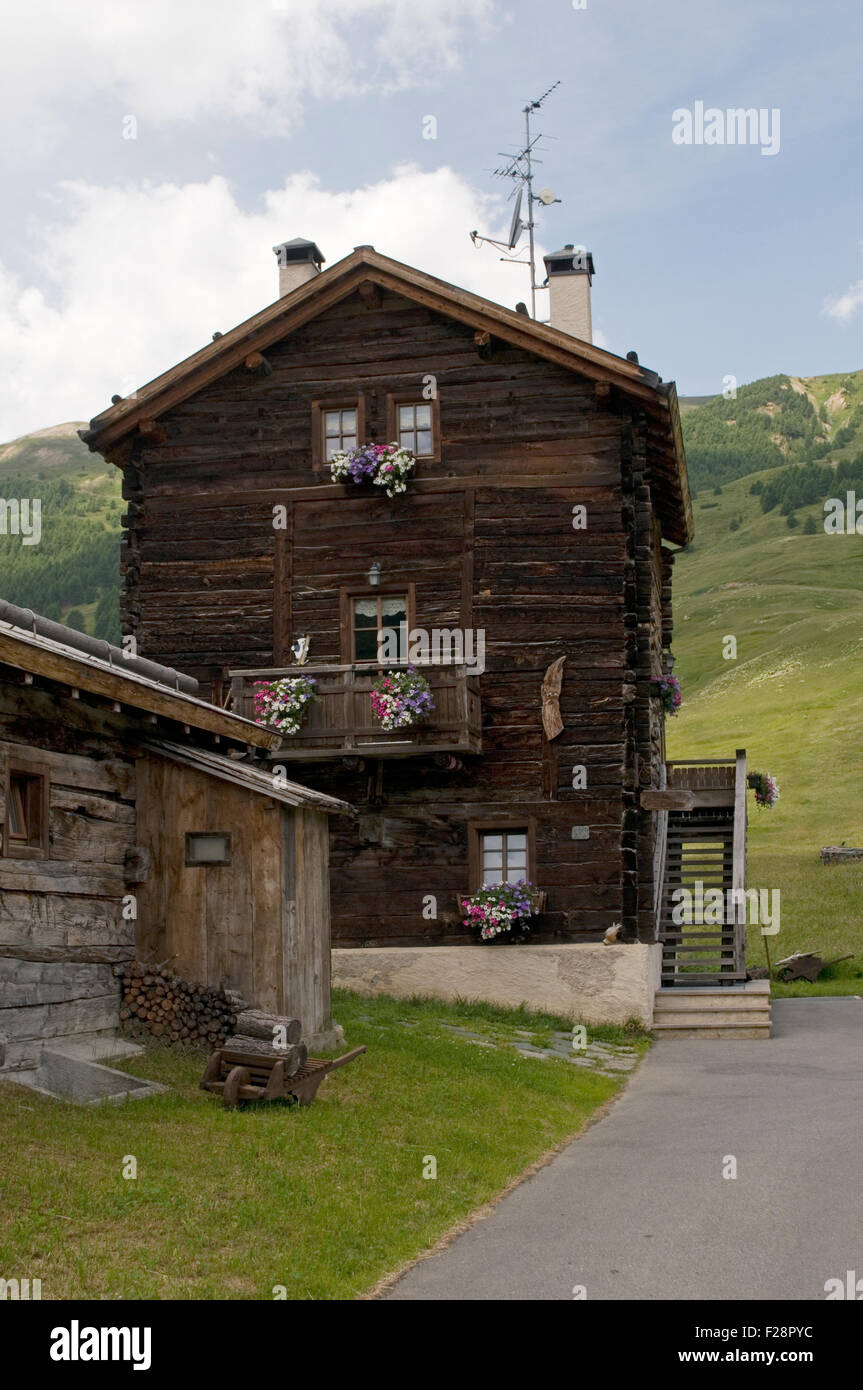 Traditional wooden house, Livigno, Italian Alps, Lombardy, Italy Stock ...