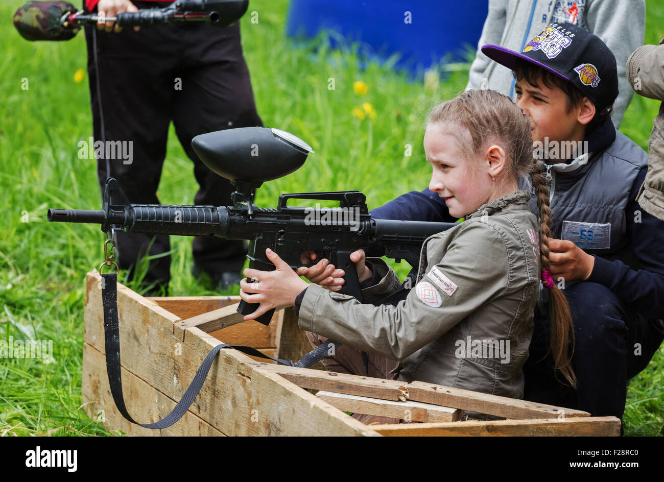 Paintball game on a special testing ground in spring forest. Vitebsk ...