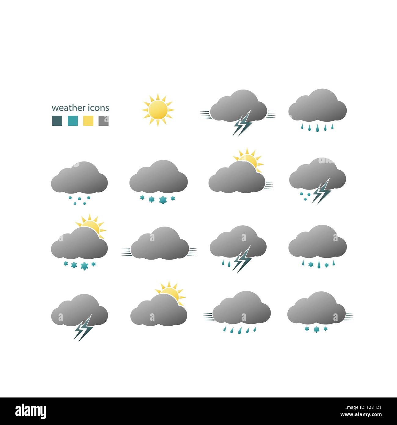 set of weather icons with sun, clouds, rain, snow and lightning symbols ...