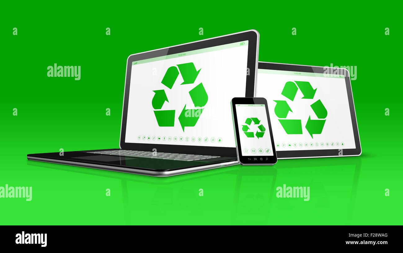 3D Laptop tablet PC and smartphone with a recycle symbol on screen ...
