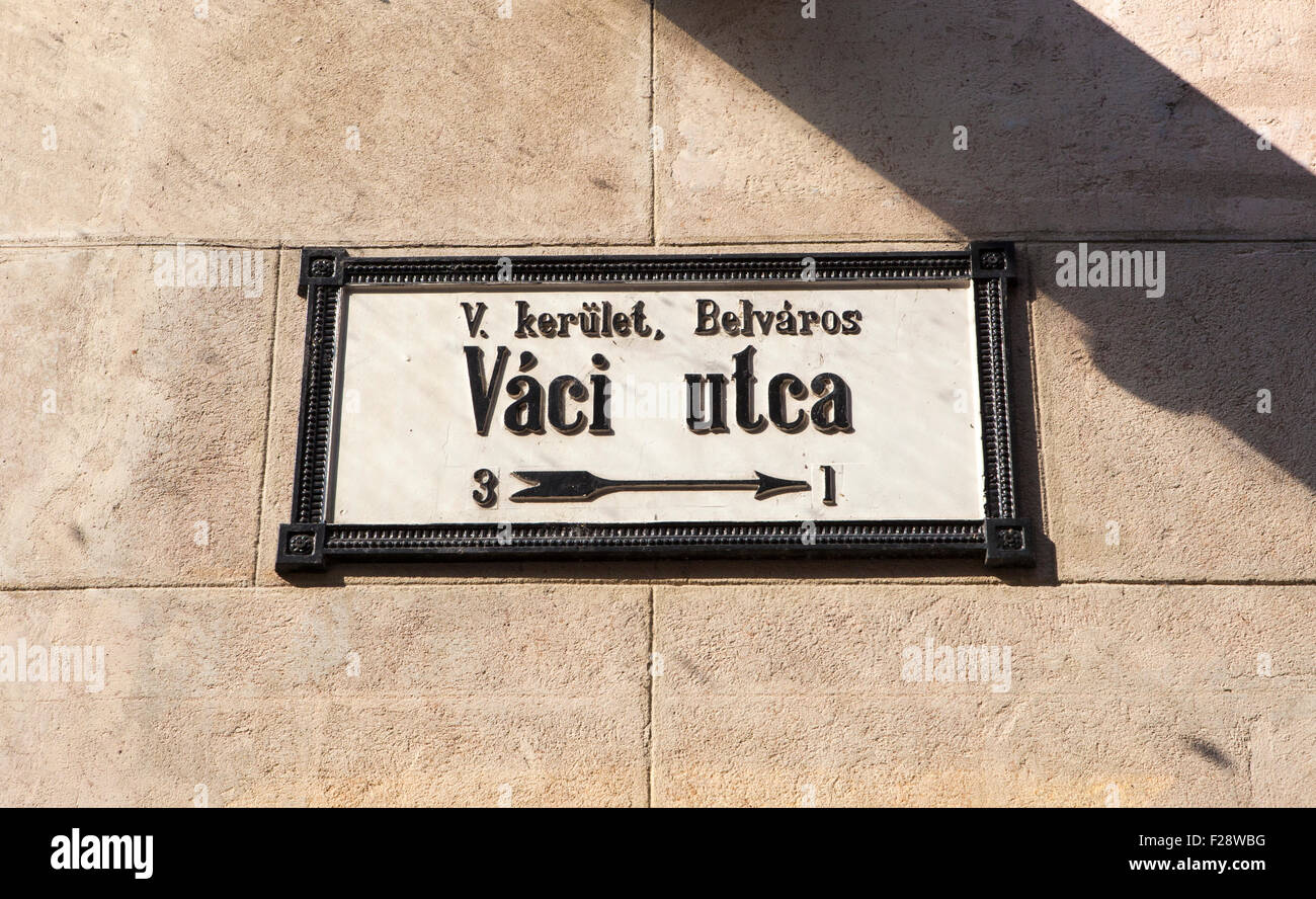 A street sign for Vaci Utca in Budapest, Hungary. Vaci Street is one of ...