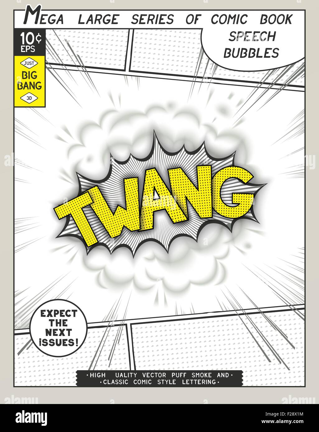 Twang. Explosion in comic style with lettering and realistic puffs smoke. 3D vector pop art ...