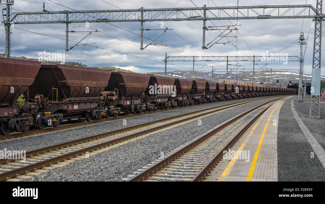 Iron ore train from Kiruna to Narvik crossing Sweden Norway border at ...