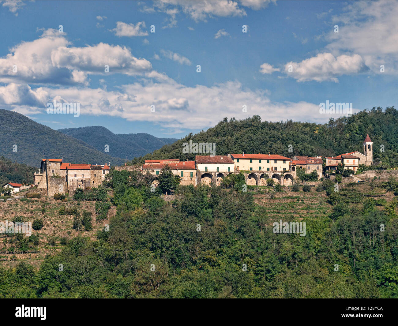 North Tuscany. Early morning view of a typical hilltop village ...
