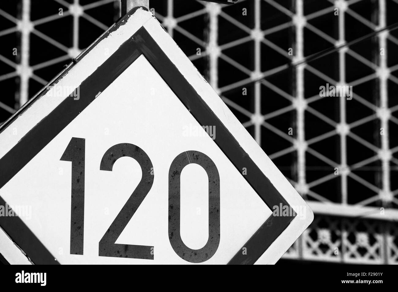 Speed limit railway signpost perspective on top black and white Stock ...