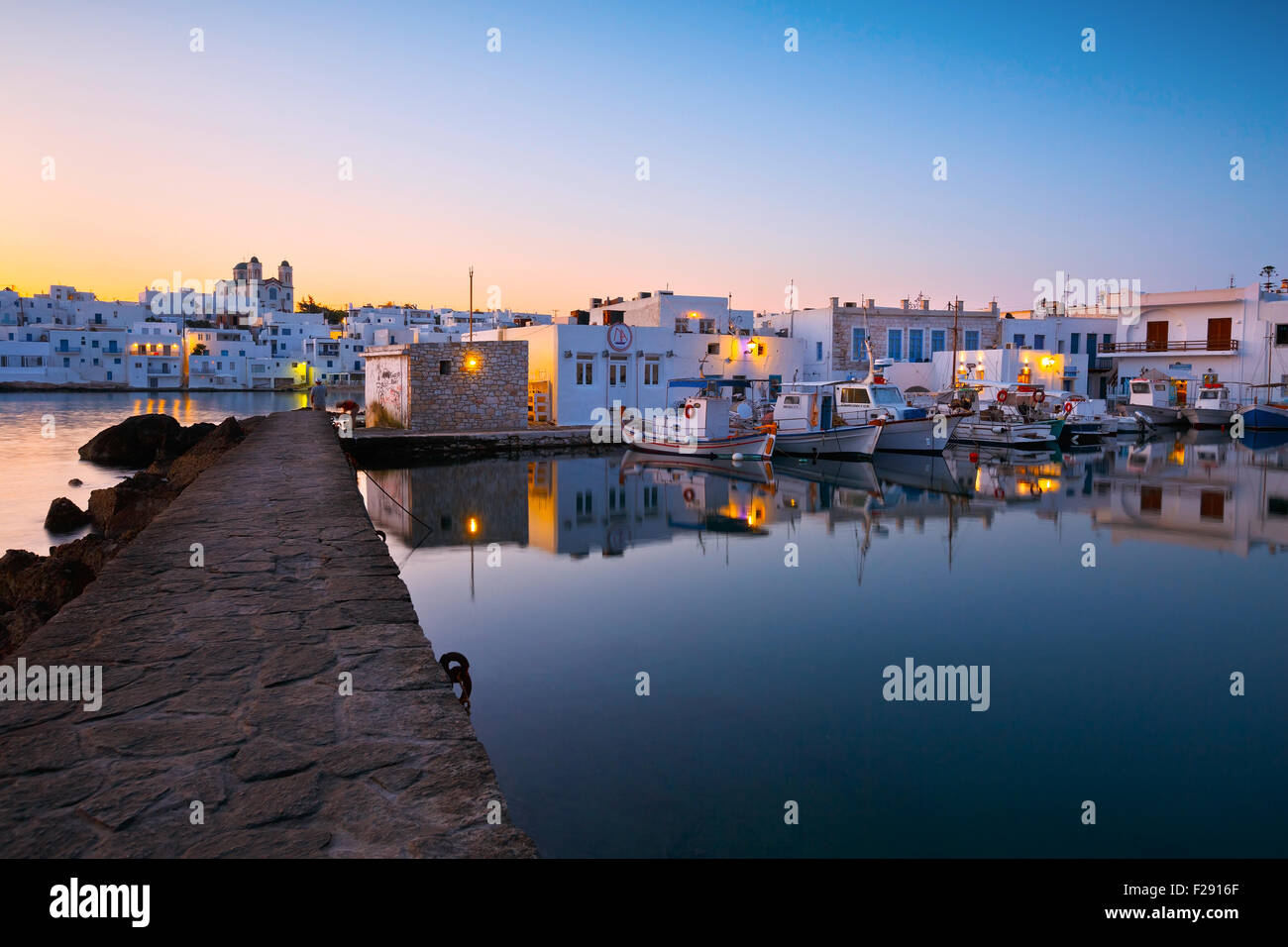 View of the port in Naousa village on Paros island, Greece Stock Photo ...