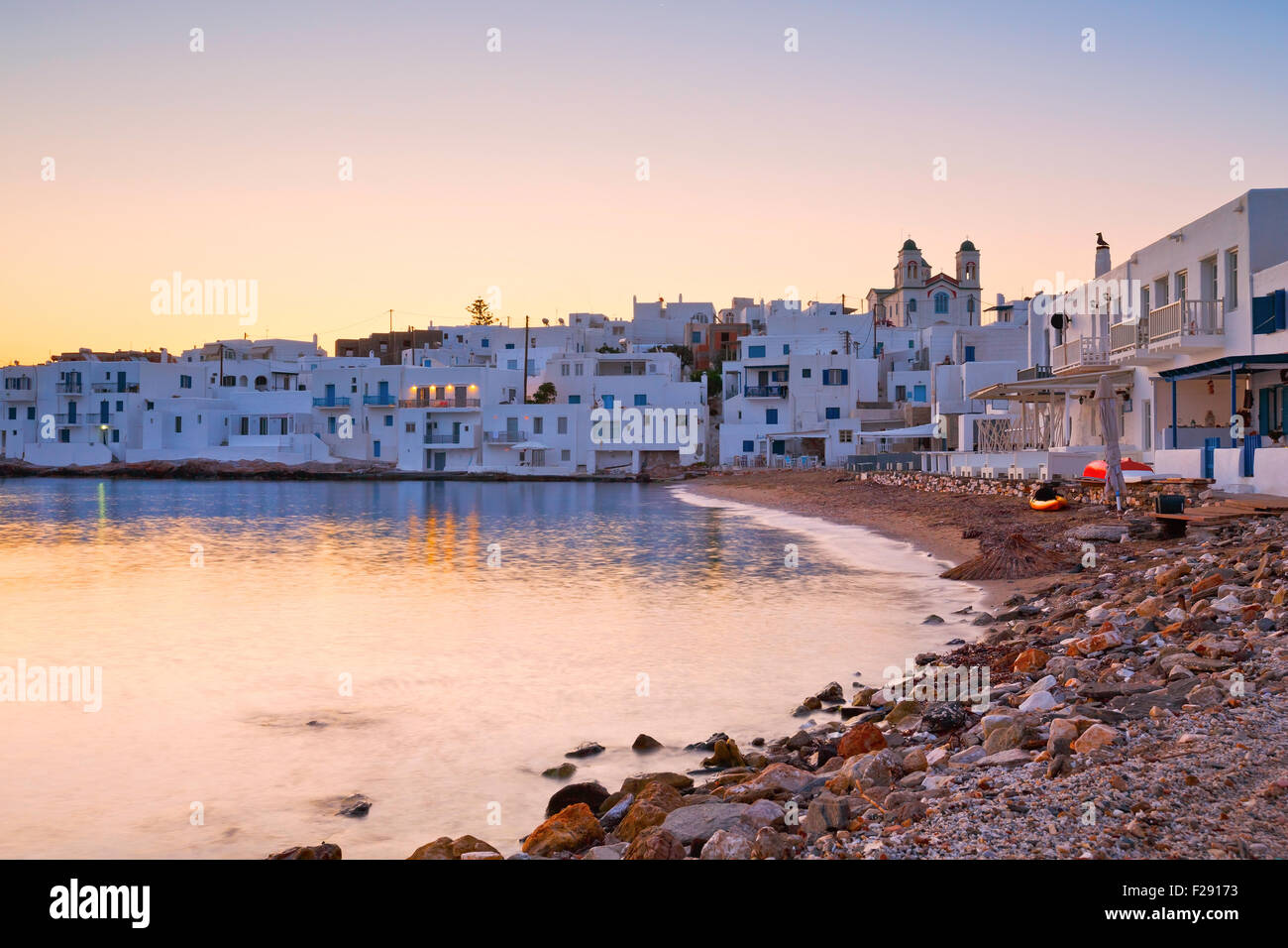 Beach in Naousa village on Paros island, Greece on September 04 2015 ...