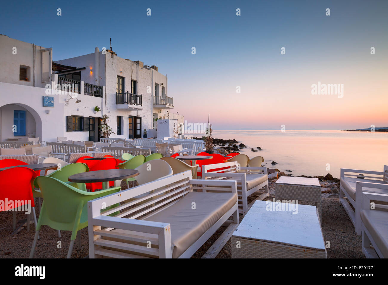 Coffee shop on the beach in Naousa village on Paros island, Greece ...