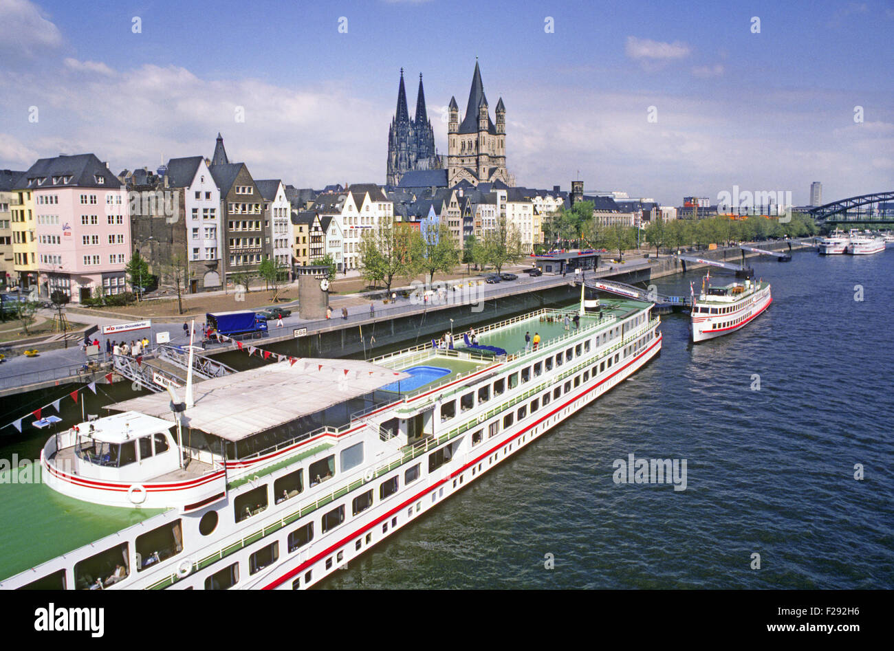 The waterfront and skyline of Koln (Cologne) Germany, on the Rhine ...