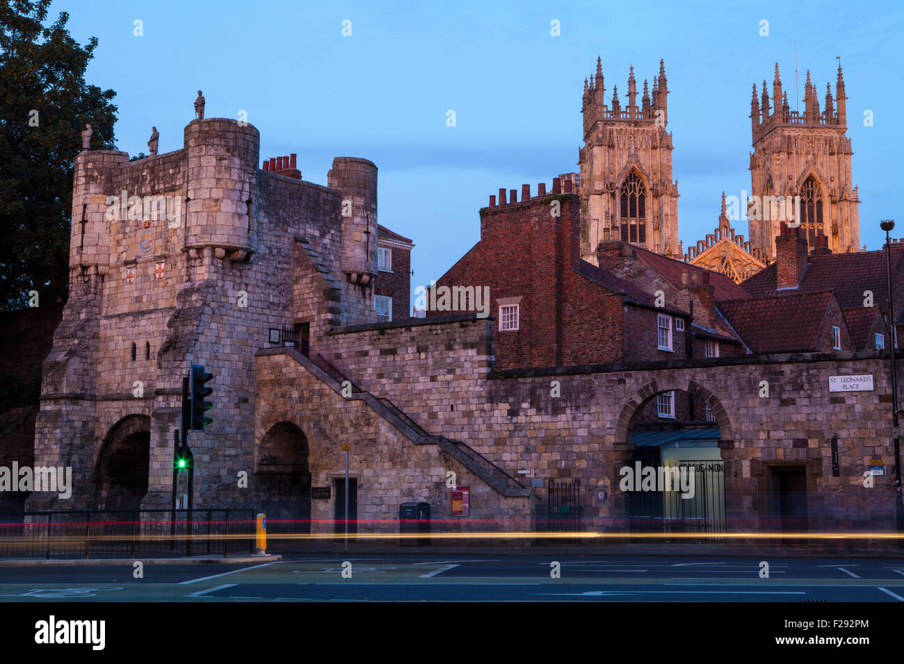 An evening view of Bootham Bar and the towers of York Minster in York ...