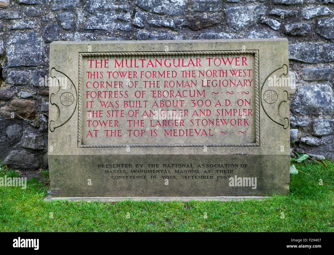A plaque detailing the history of the ancient Multangular Tower in York ...