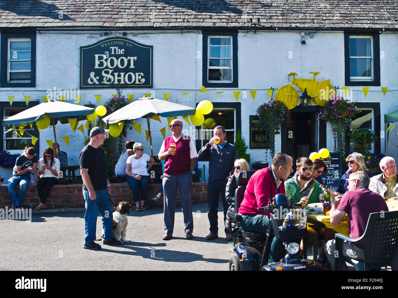Customers at decorated village pub, Greystoke Cumbria waiting in ...
