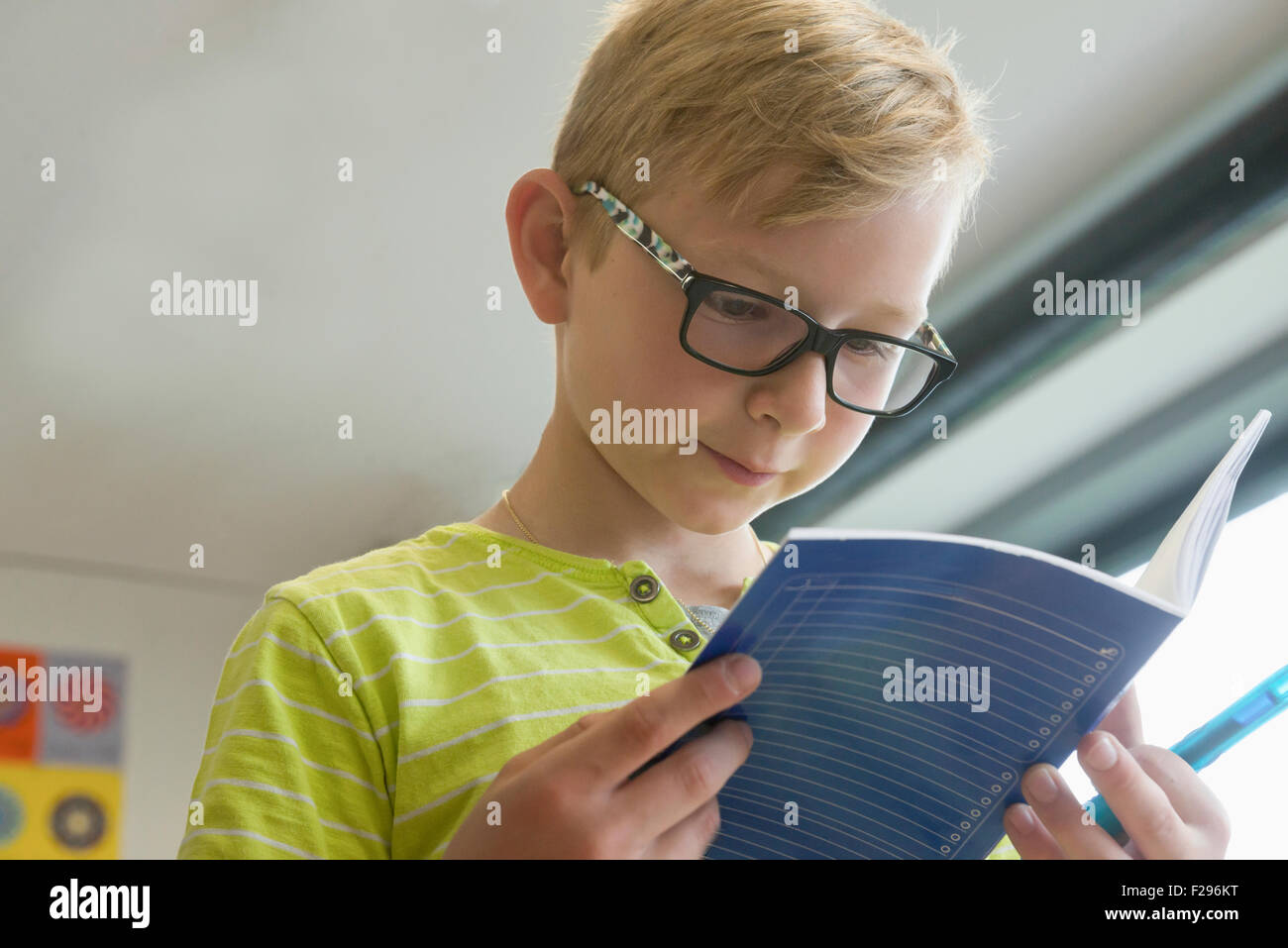schoolboy reading a book in classroom, Munich, Bavaria, Germany Stock ...