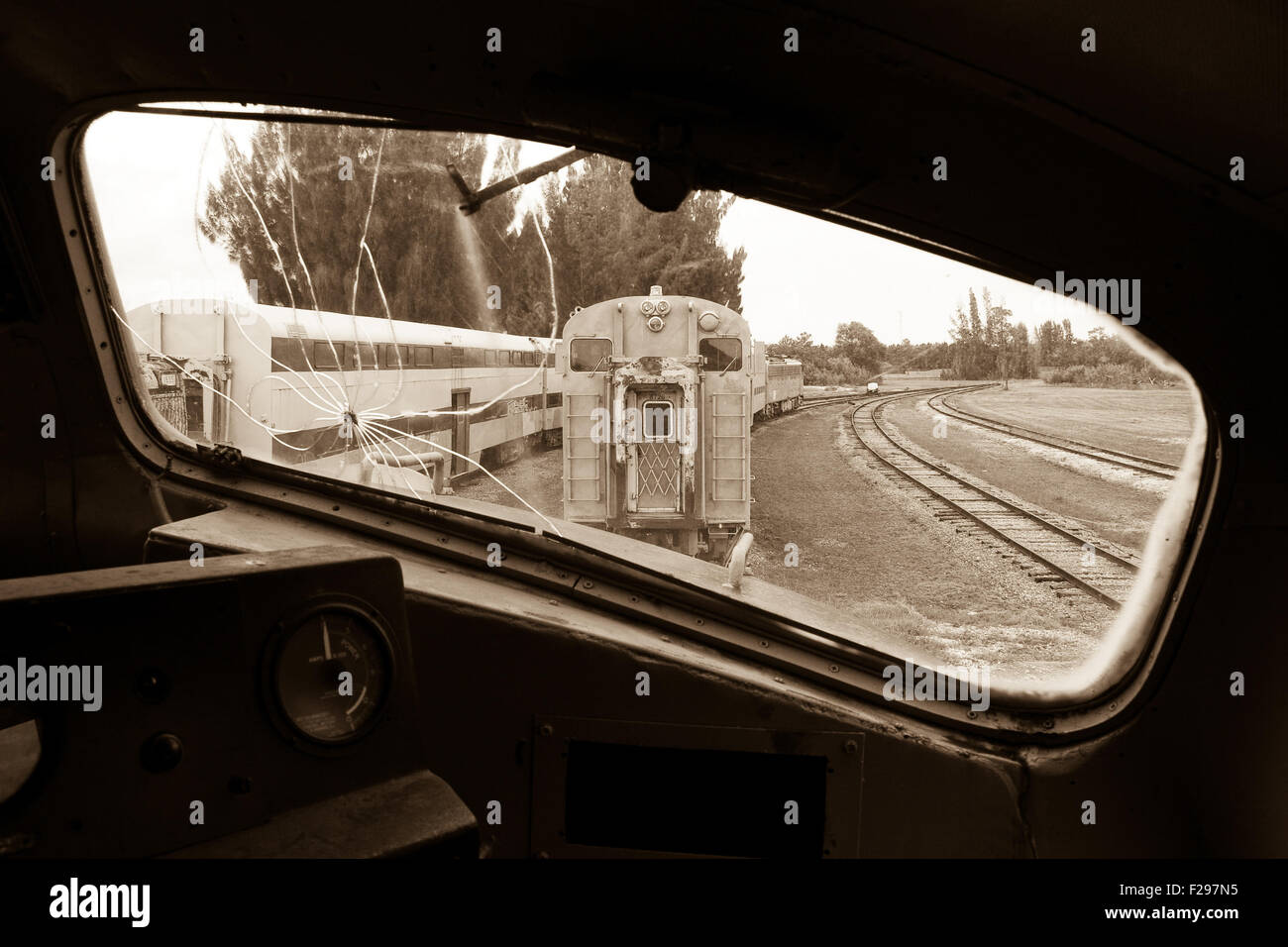 Railroads seen through the window of an old train locomotive Stock ...