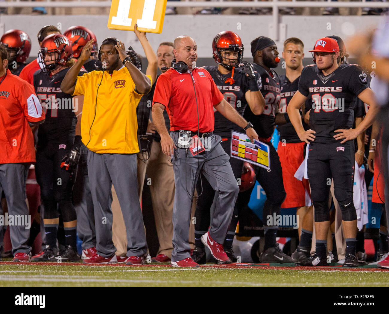 Las Vegas, NV, USA. 12th Sep, 2015. UNLV head coach Tony Sanchez reacts ...