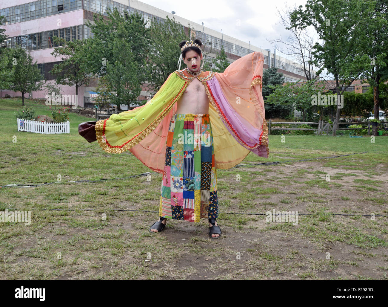 A man dressed in drag as a woman at Bushwig 2015 in Ridgewood, Brooklyn ...