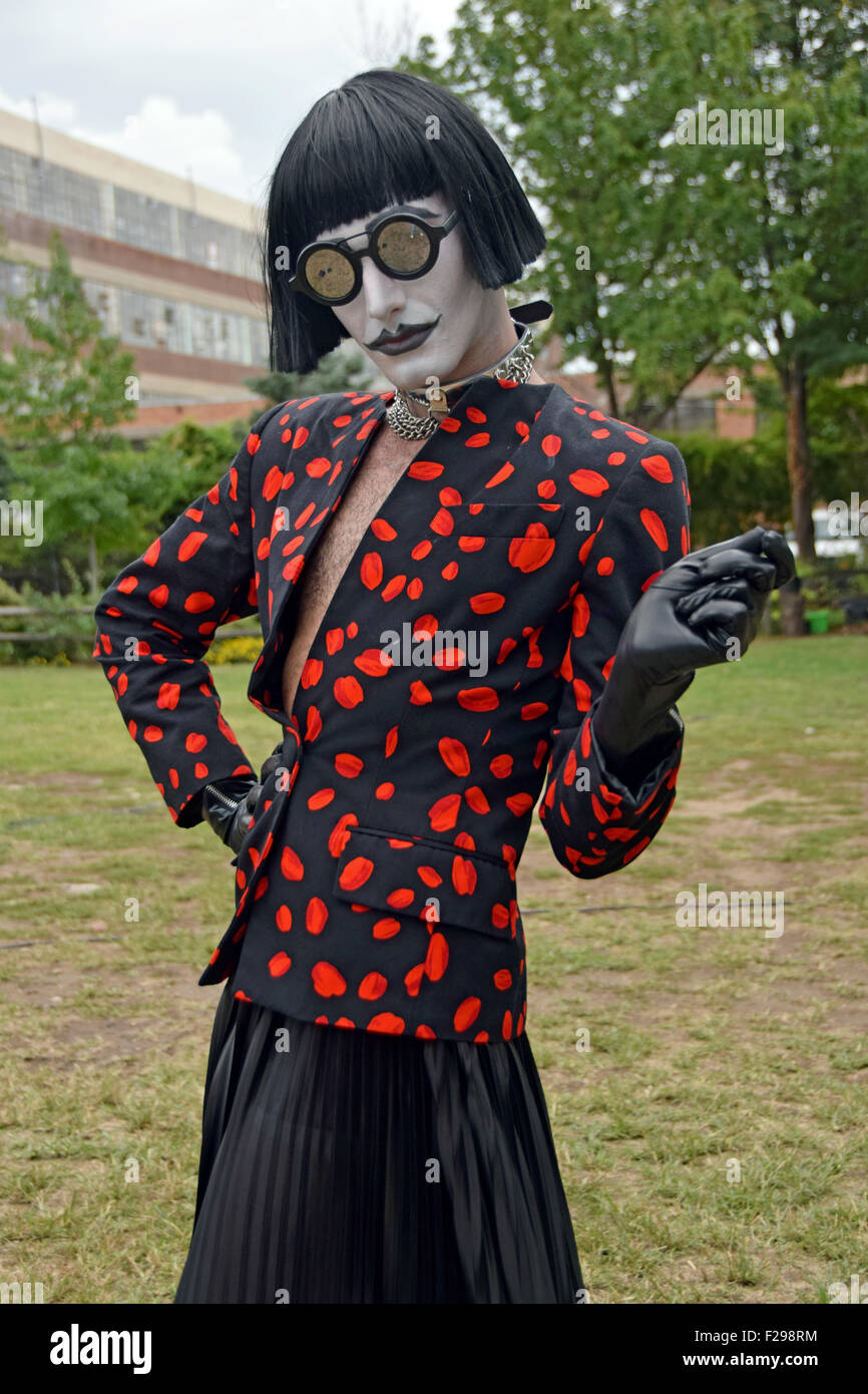 A man dressed in drag as a woman at Bushwig 2015 in Ridgewood, Brooklyn ...