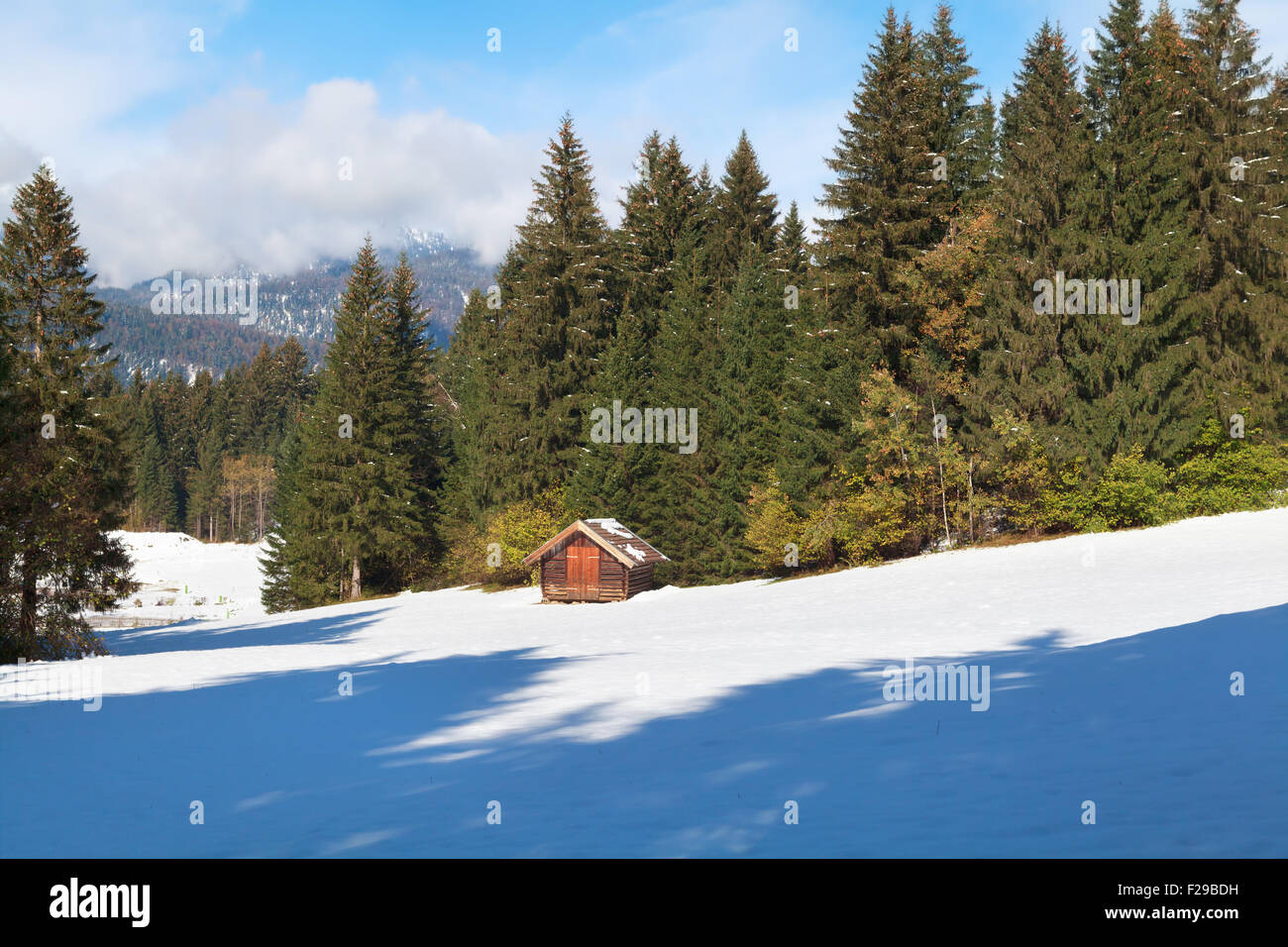 wooden hut in winter alpine forest, Germany Stock Photo - Alamy