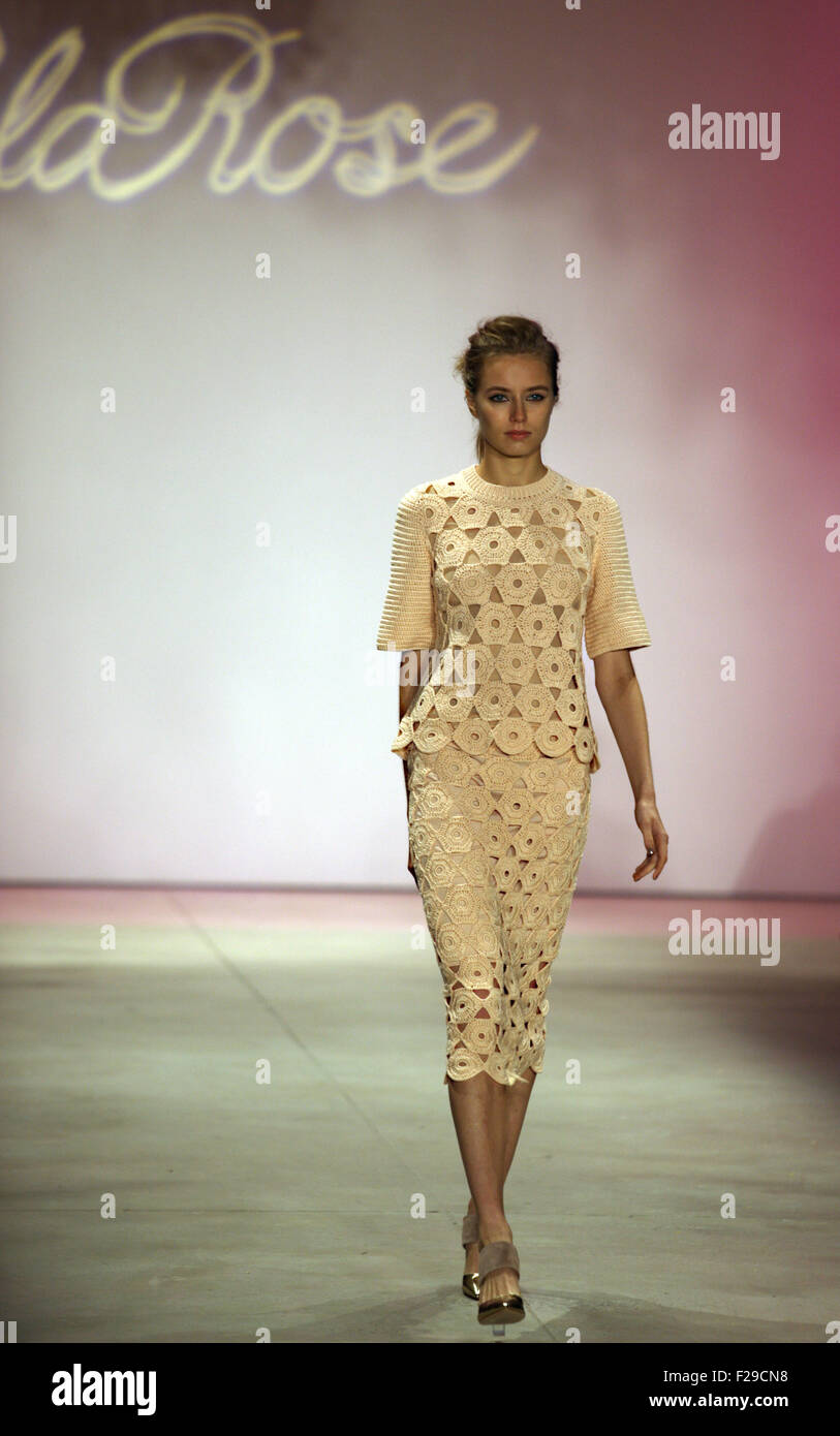 New York, USA. 14th Sep, 2015. A model presents a creation of "Lela ...