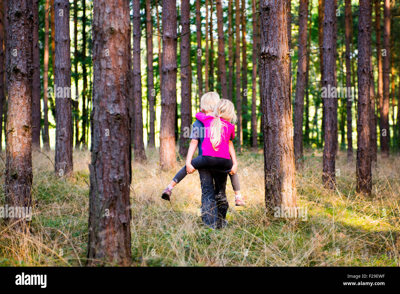 Young boy giving young girl piggyback outdoors smiling, forest ...