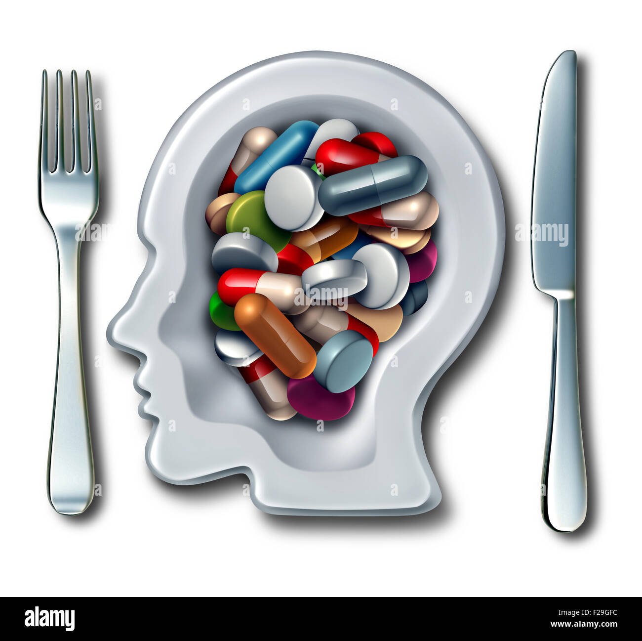 Brain drugs and neuroscience medicine concept as a dinner plate with ...