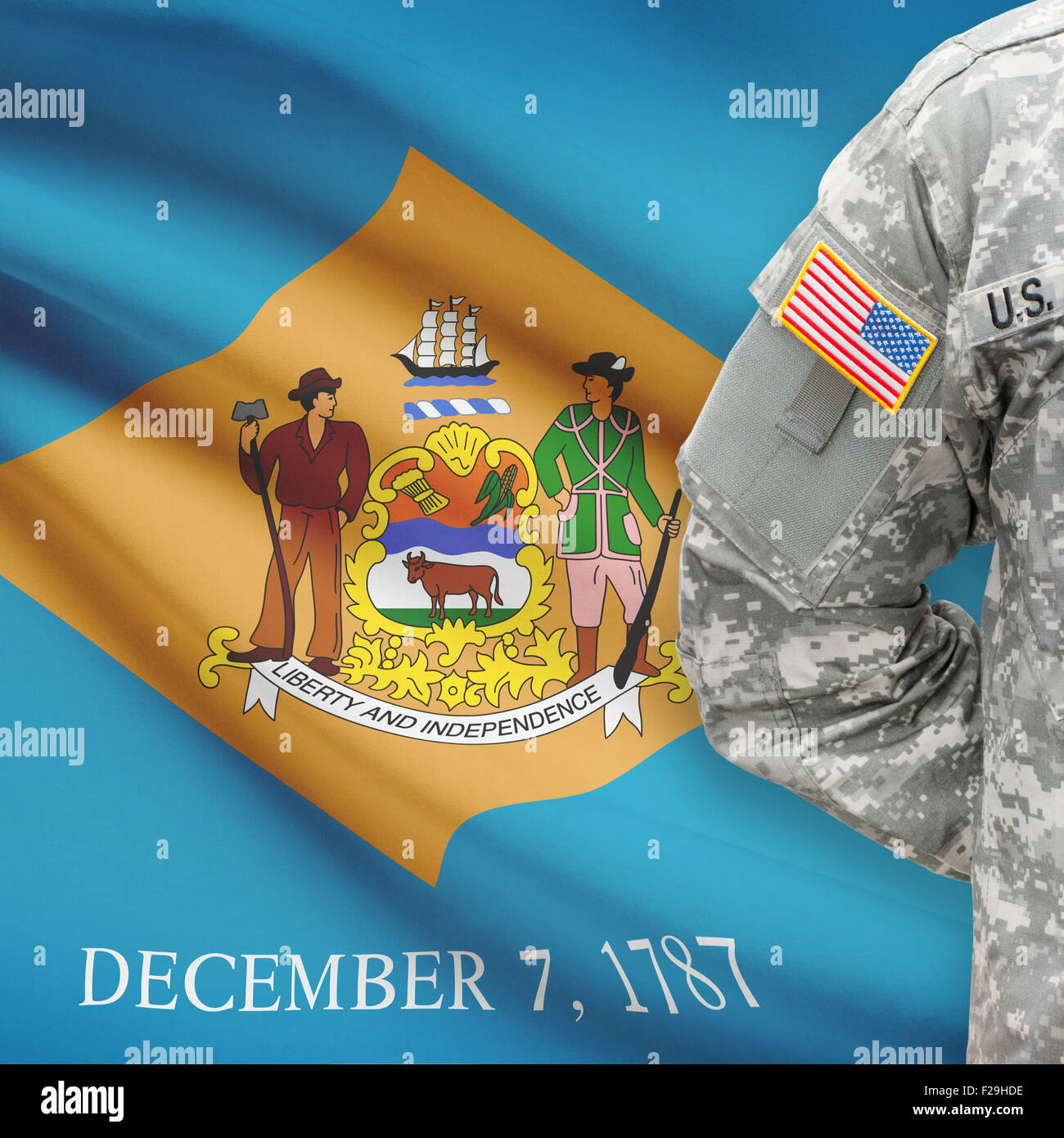 American soldier with US state flag on background series - Delaware ...