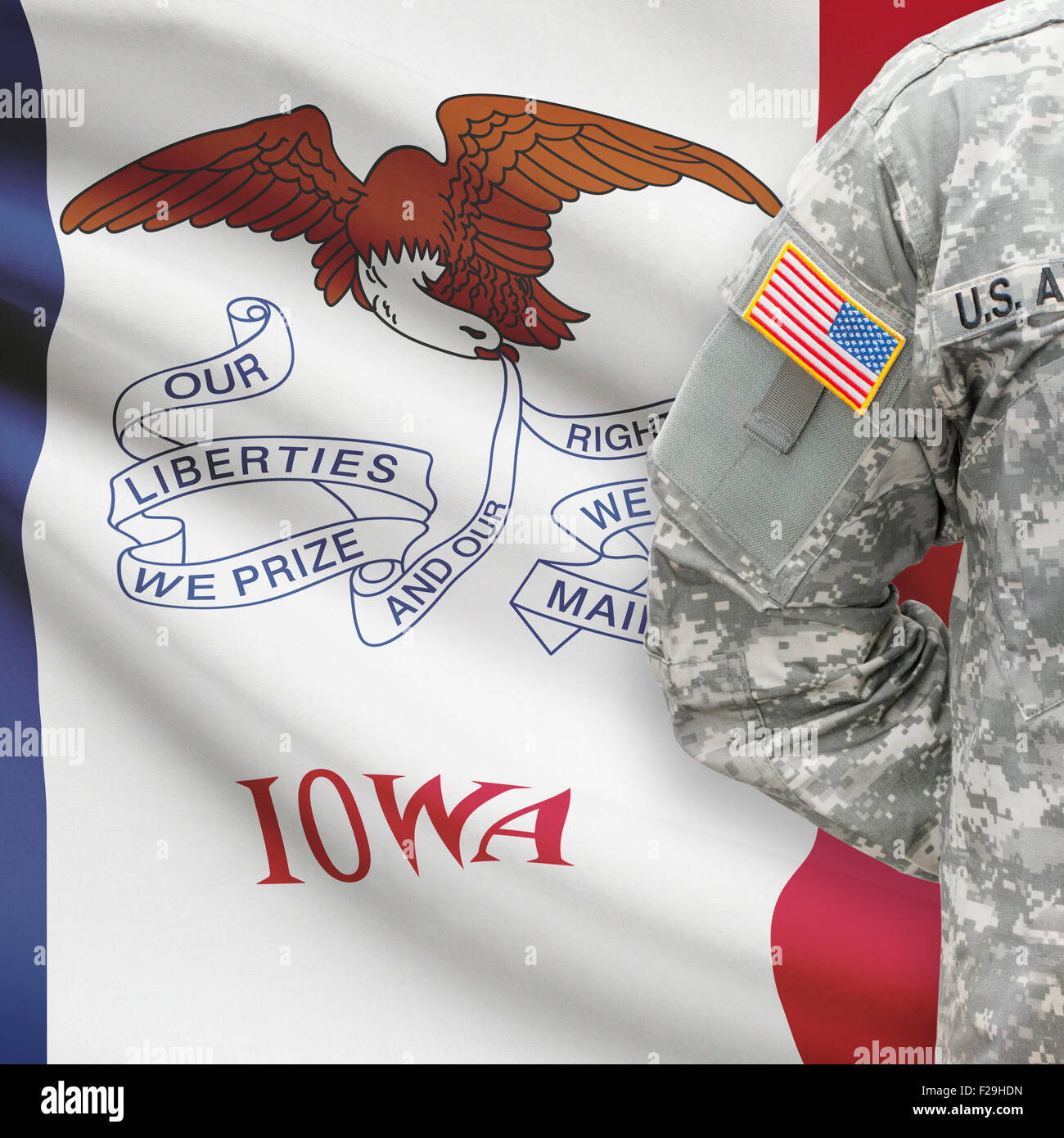 American soldier with US state flag on background series - Iowa Stock ...