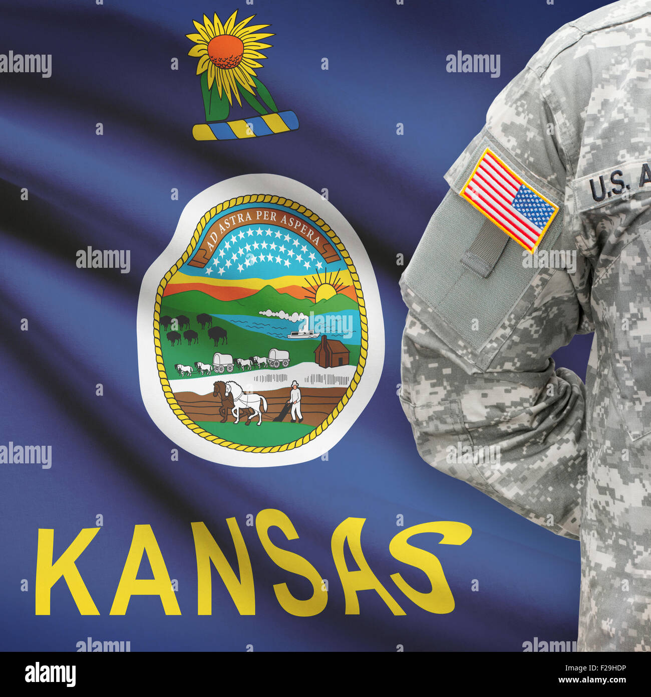 American soldier with US state flag on background series - Kansas Stock ...