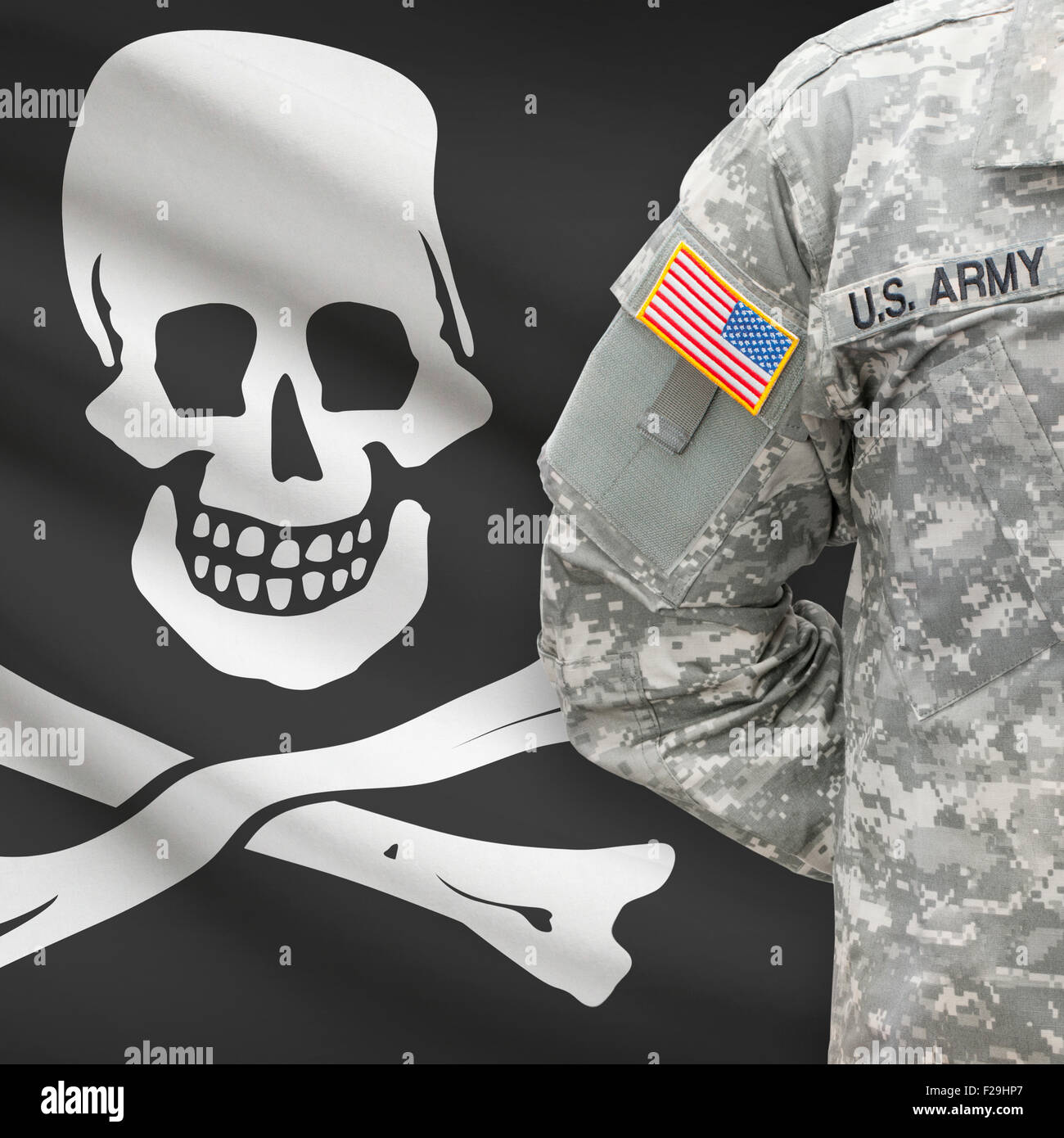 American soldier with flag on background series - Jolly Roger - symbol ...