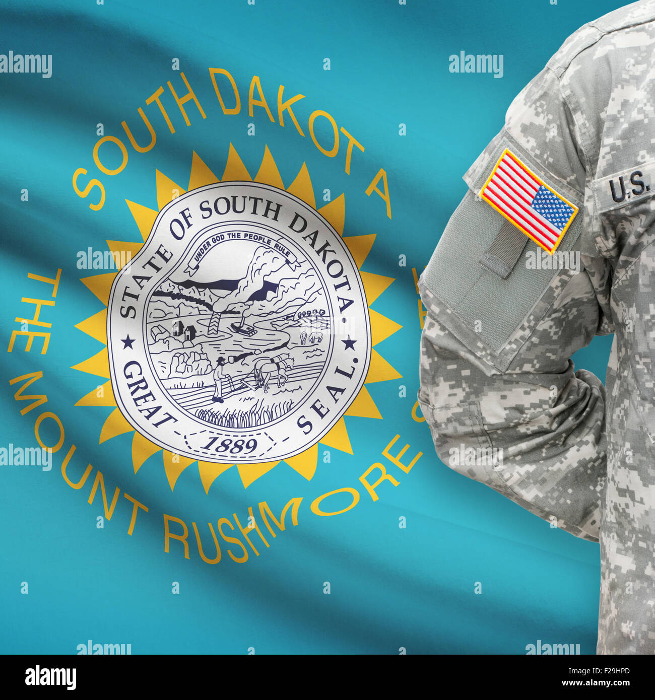 American soldier with US state flag on background series - South Dakota ...