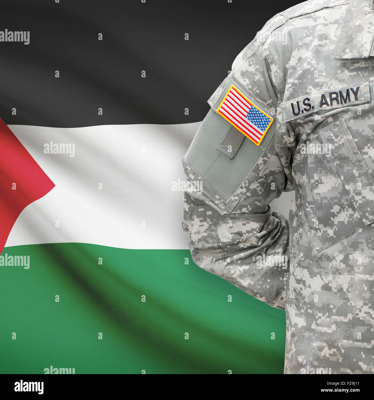 American soldier with flag on background series - Palestine Stock Photo ...