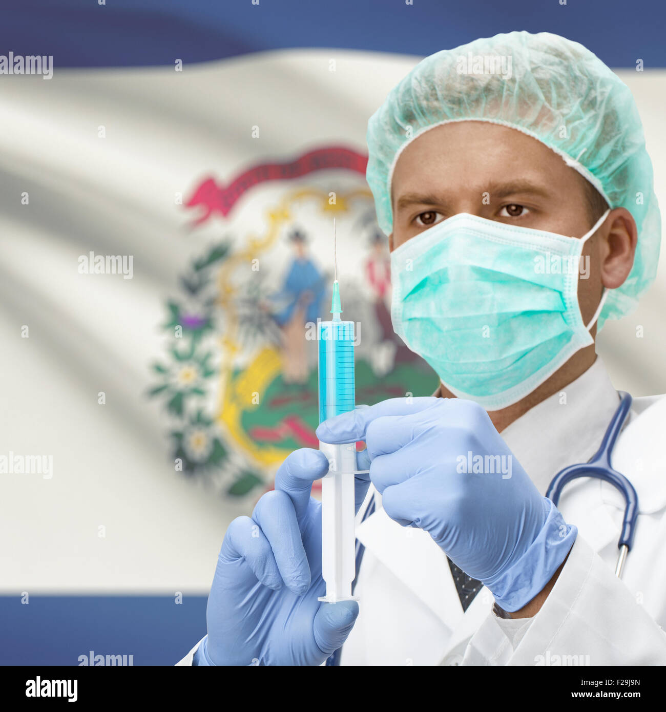 Doctor with syringe in hands and USA states flags on background series ...