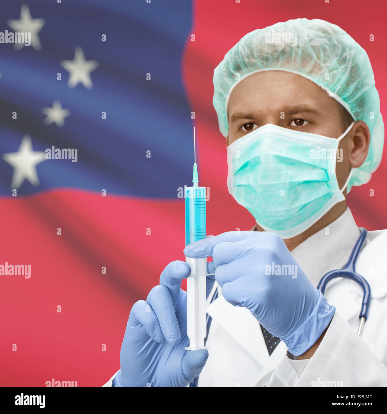 Doctor with syringe in hands and flag on background series - Samoa ...