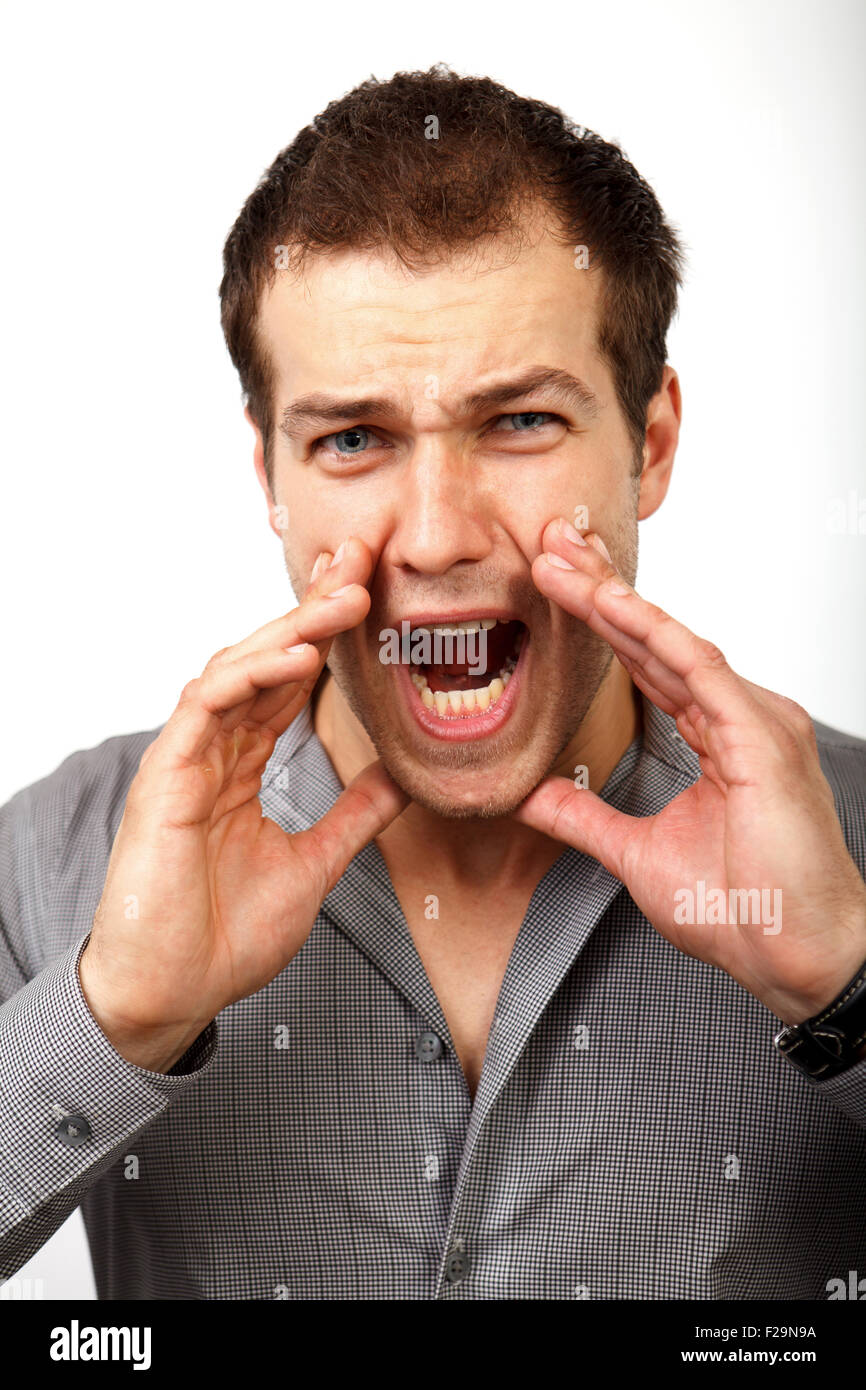 Aggresive advertising concept - scream of excited man announcing ...