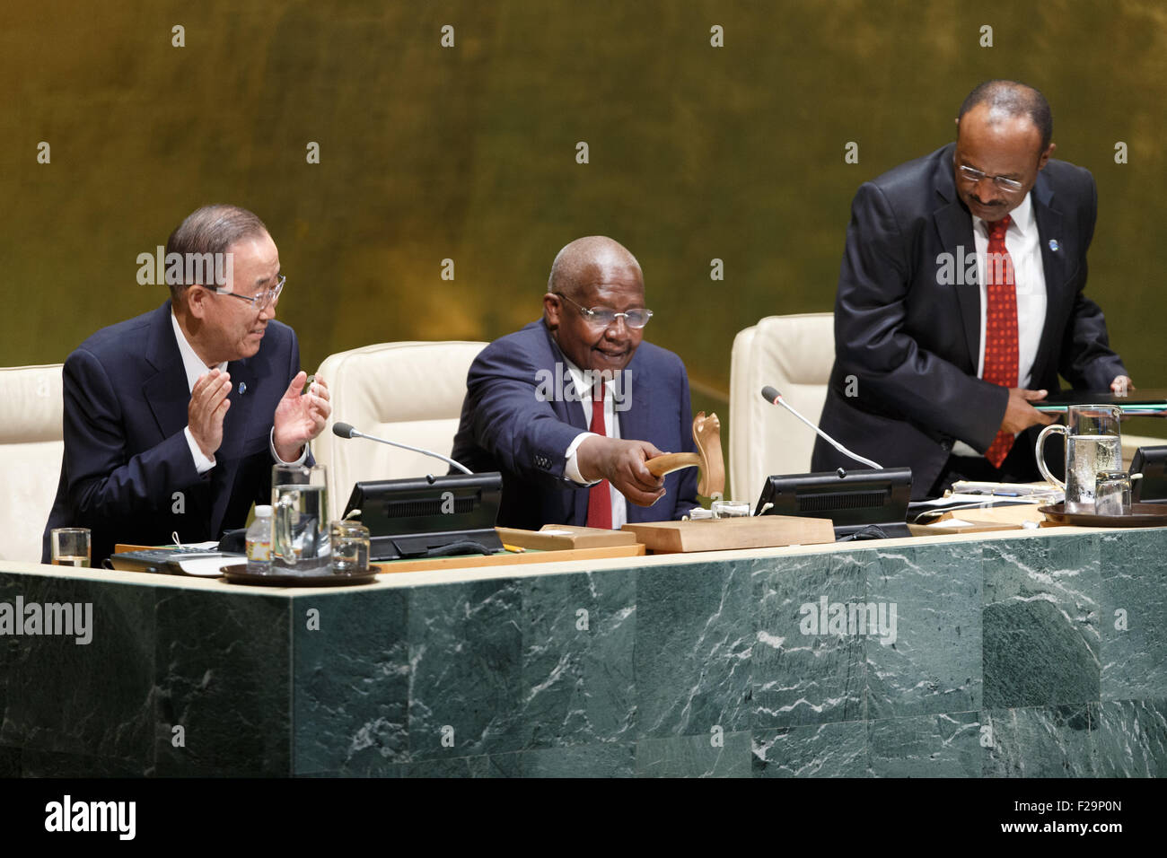 New York, USA. 14th Sep, 2015. Sam Kutesa (C), president of the 69th ...