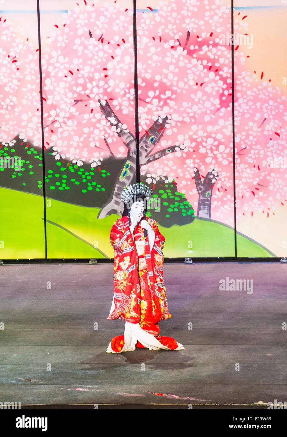 Traditional Japanese Kabuki performance in front of the Bellagio hotel ...