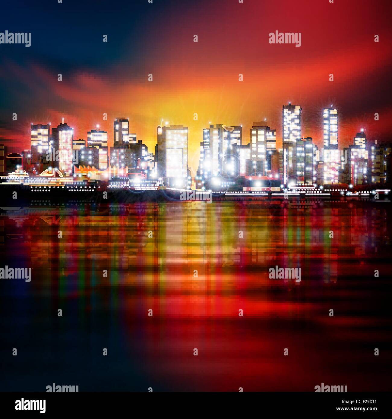 abstract red background with panorama of illuminated city by night ...